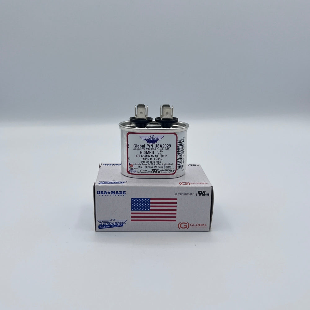 AmRad Oval Run Capacitor 5 MFD 370/440 VAC USA2029 – Dayton Industries